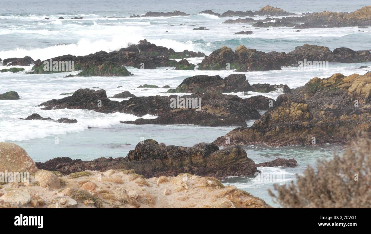 Rocky craggy pacific ocean coast, sea water waves crashing on rocks, 17 ...