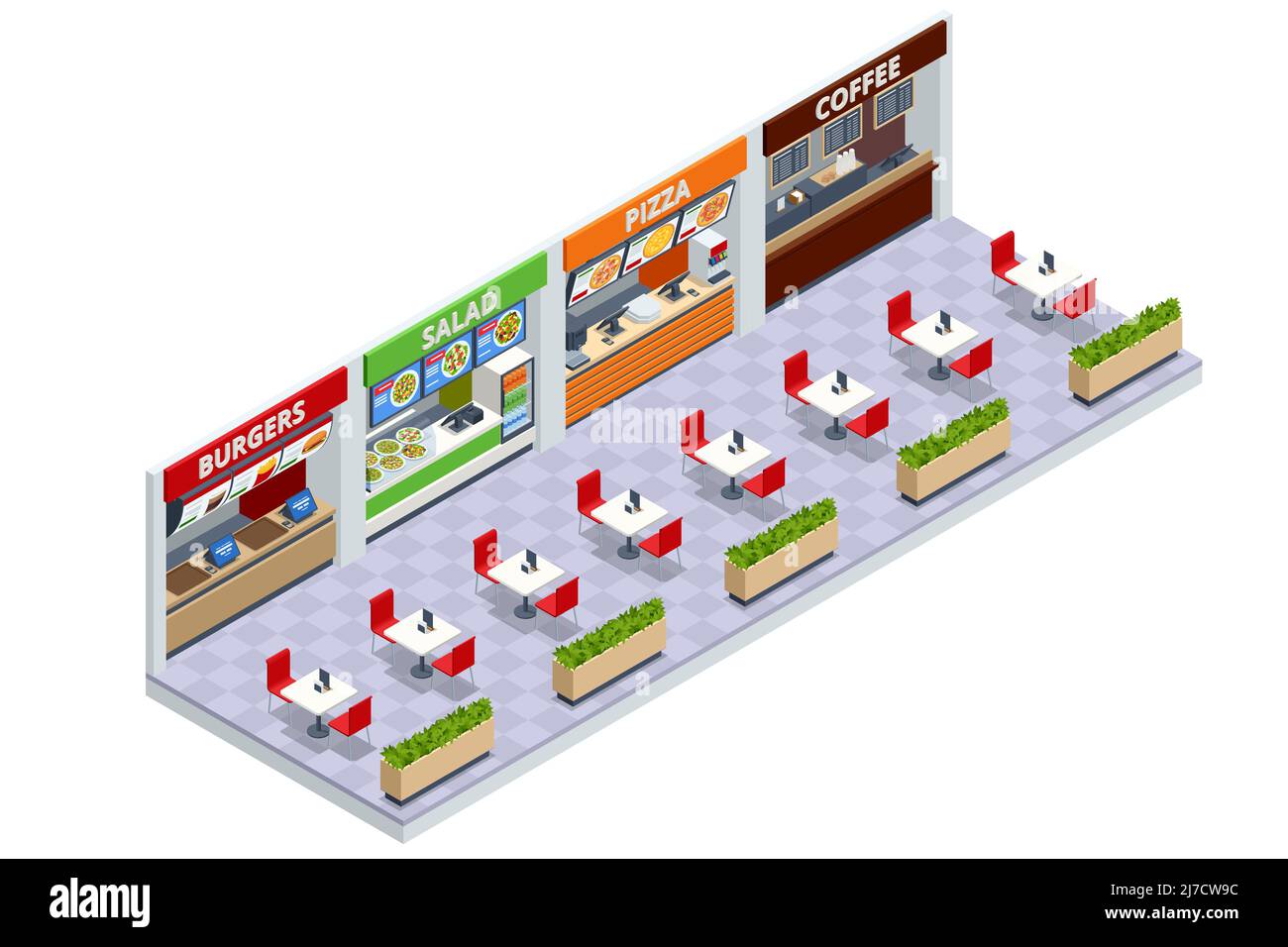 Fast Food Court. Isometric Coffee, Burgers, Salad and Pizza Place ...