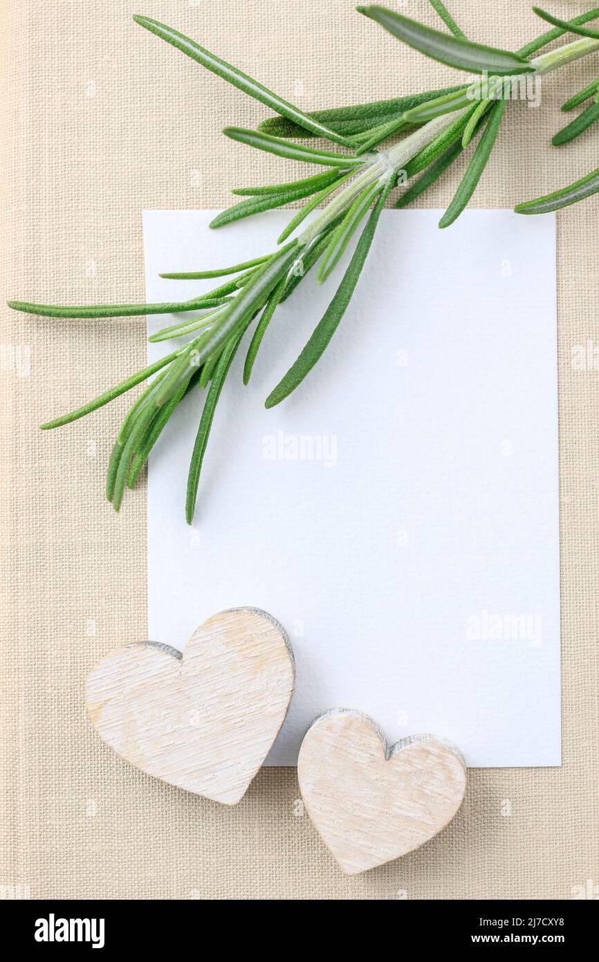 Rosemary (Rosmarinus officinalis) twig, white paper card and two wooden ...