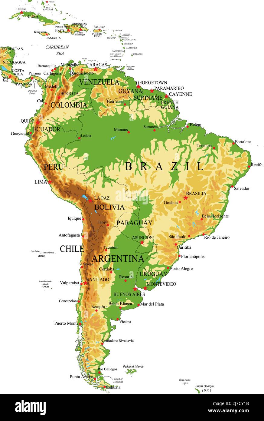 Highly detailed physical map of South America,in vector format,with all the relief forms ...