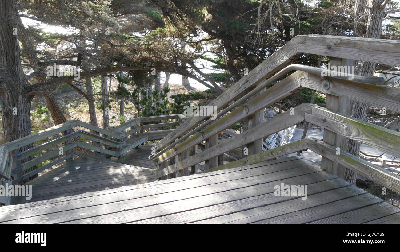 Wooden stairs to Lone Cypress viewpoint, scenic 17-mile drive tourist ...