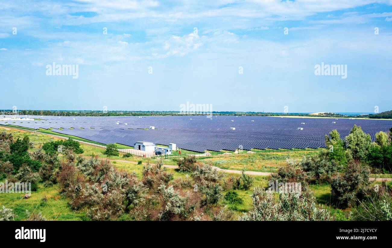 Panoramic view of photovoltaic power station, solar park, solar farm ...