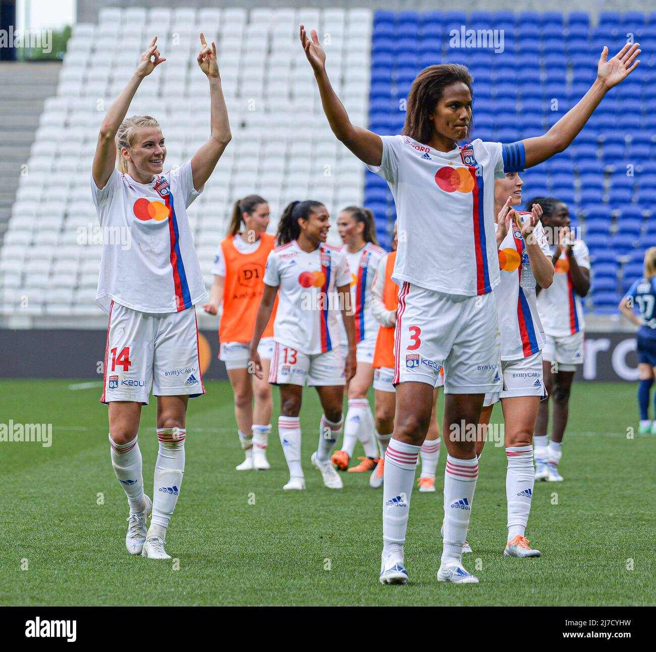 Lyon, France. 08/05/2022, Players of Olympique Lyonnais celebrate with ...
