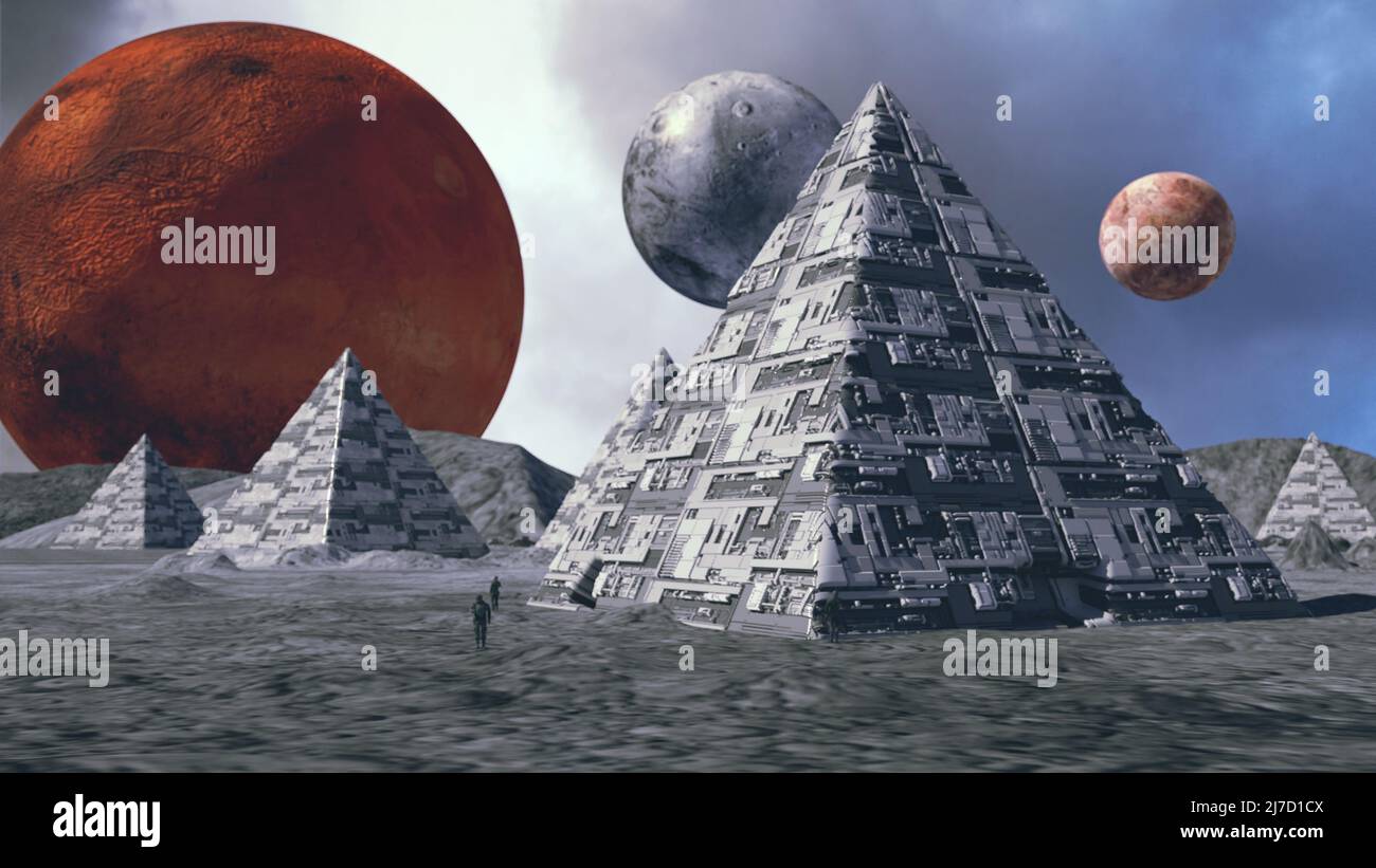 3d rendering. Futuristic unidentified flying object and pyramid Stock ...