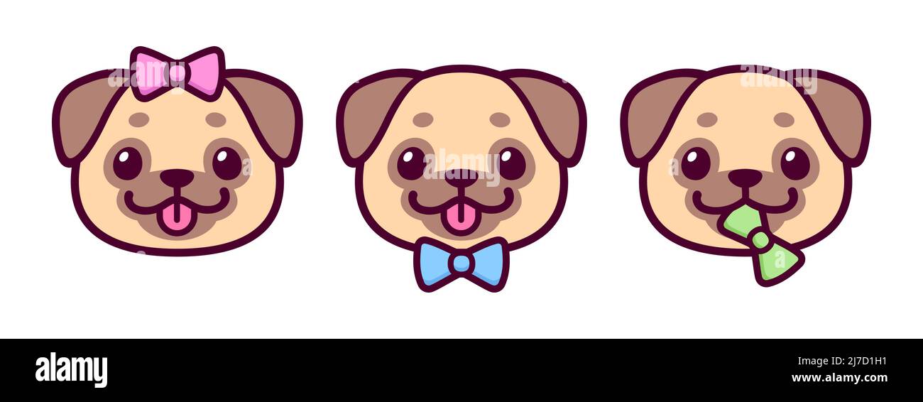 Cute cartoon Pugs with color bows. Boy, girl and gender neutral (non ...