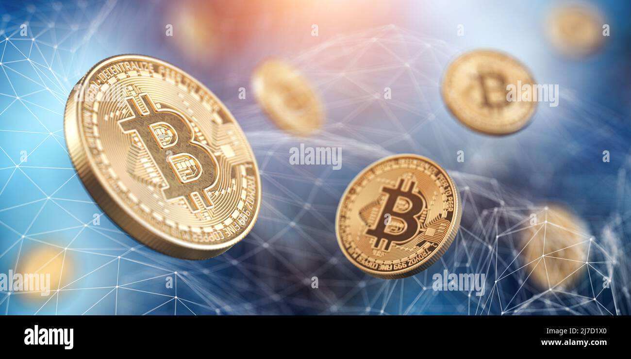 Bitcoin coins on blue abstract technology background. 3d illustration ...