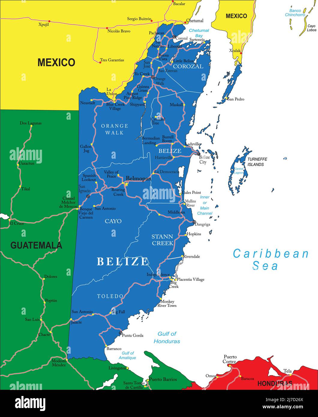 Highly detailed vector map of Belize with administrative regions, main cities and roads Stock ...