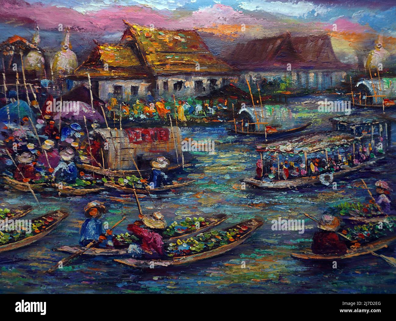 Hand drawn Art painting Oil color Floating market , rural life , rural ...