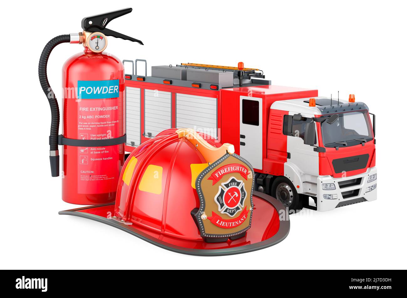 Fire engine truck with fire extinguisher and firefighter helmet, 3D ...