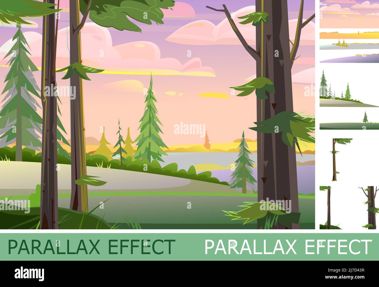 Pine trees with branches and bushes with parallax effect. Beautiful ...