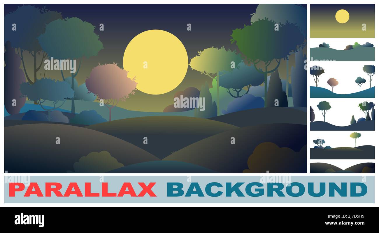 Silhouette night landscape. Set parallax effect. Big moon. Moonlight ...