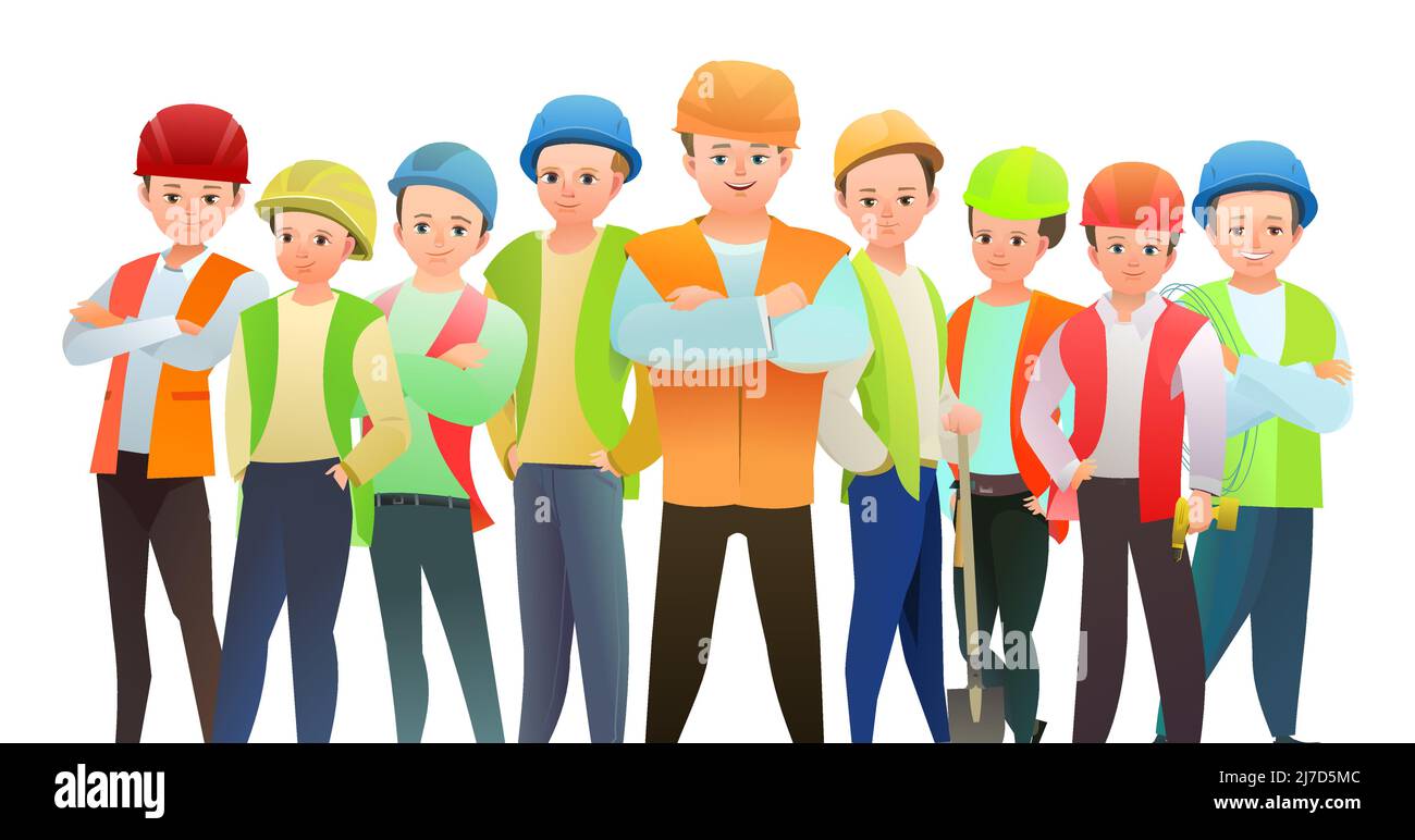 Little boys builder in vest and protective helmet. Cheerful person ...