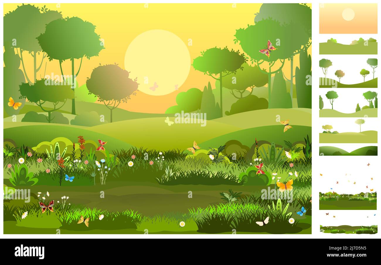 Glade. Set parallax effect. Amusing beautiful vegetation landscape. Sun ...