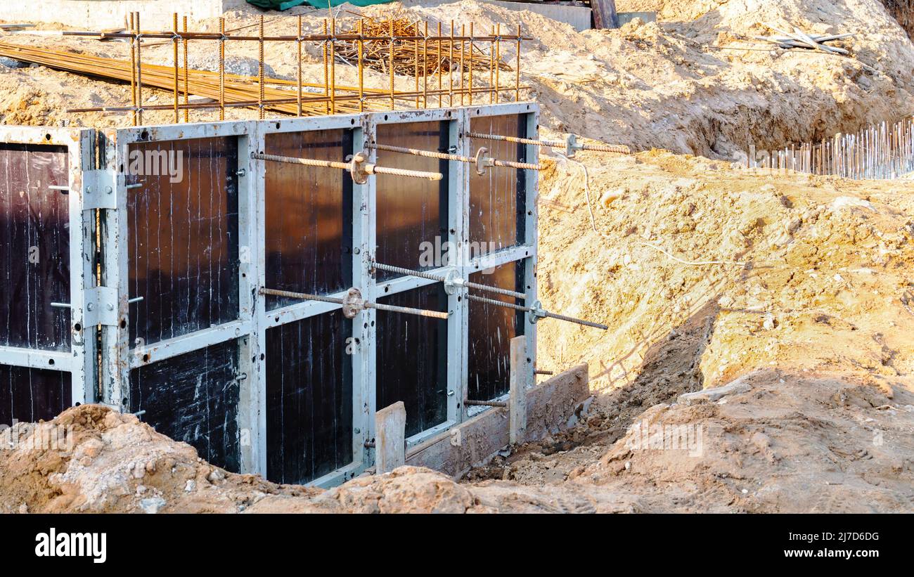 Construction formwork close-up. The use of formwork and iron rebars ...