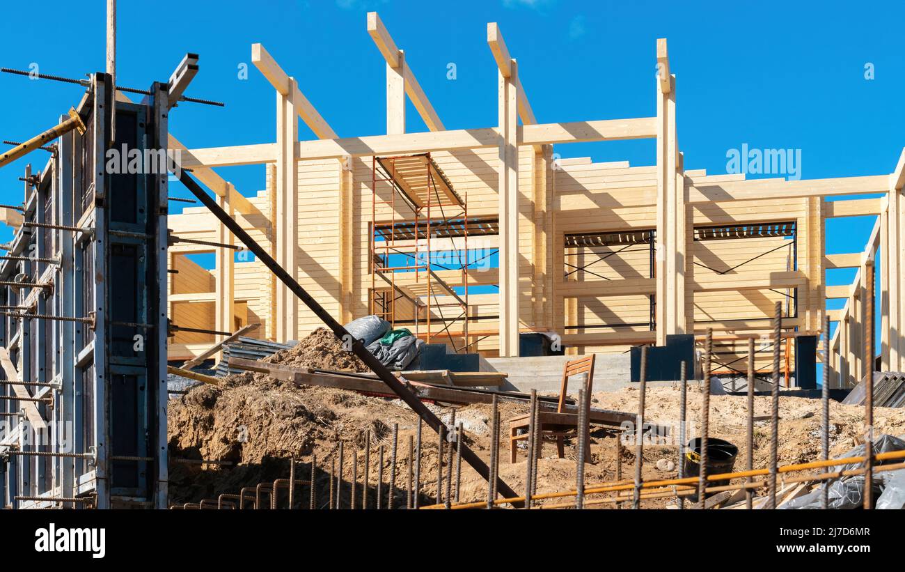 Formwork and steel reinforcement for concreting the fence. Construction ...