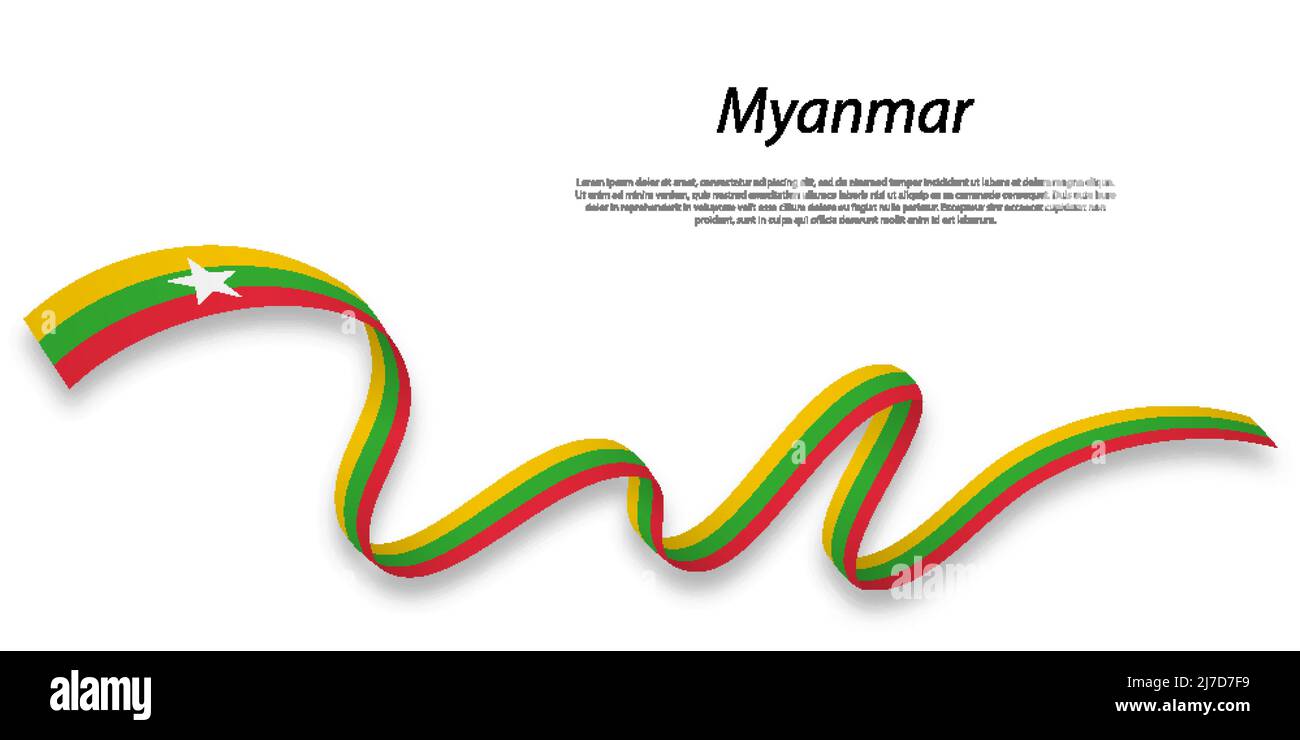 Waving ribbon or banner with flag of Myanmar. Template for independence ...