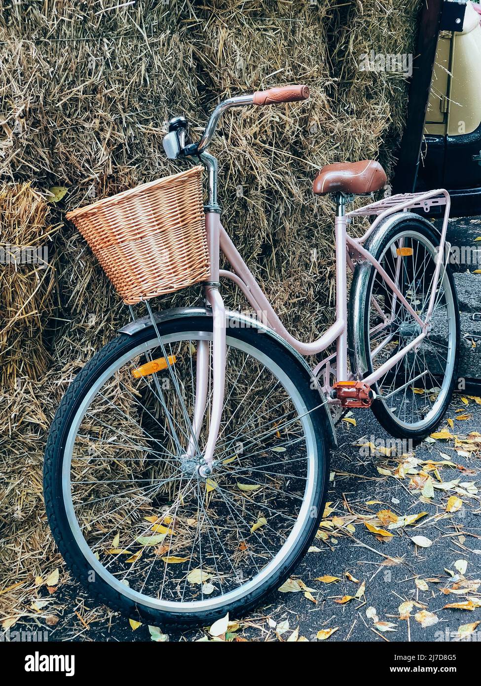 Bicycle with basket leaning to hay wall as cottagecore style and ...