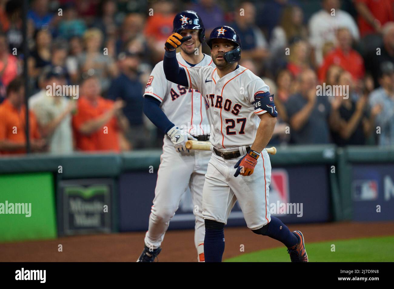 May 7 2022: Houston second baseman Jose Altuve (27) hits a homer during the game with Detroit ...