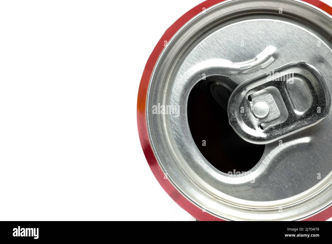 Close up top view of open silver aluminum beverage can on white ...