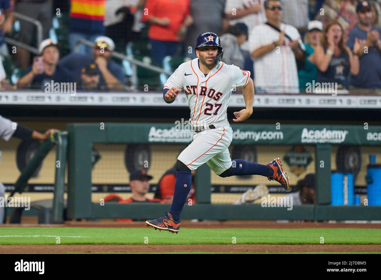 May 7 2022: Houston second baseman Jose Altuve (27) scores a run during the game with Detroit ...