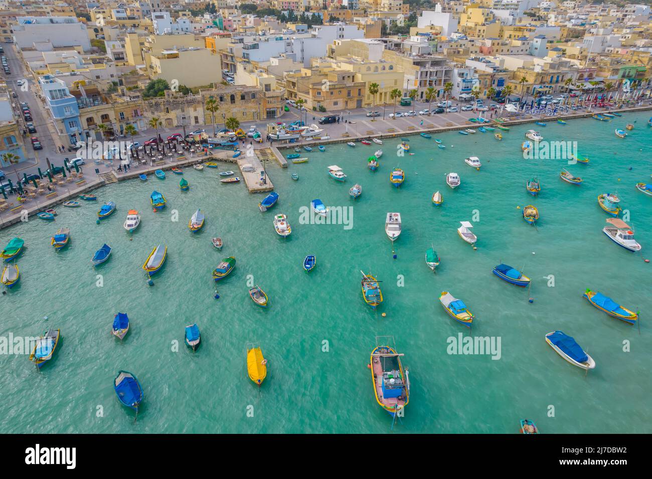 Aerial panoramic view of Marsaxlokk - small, traditional fishing ...