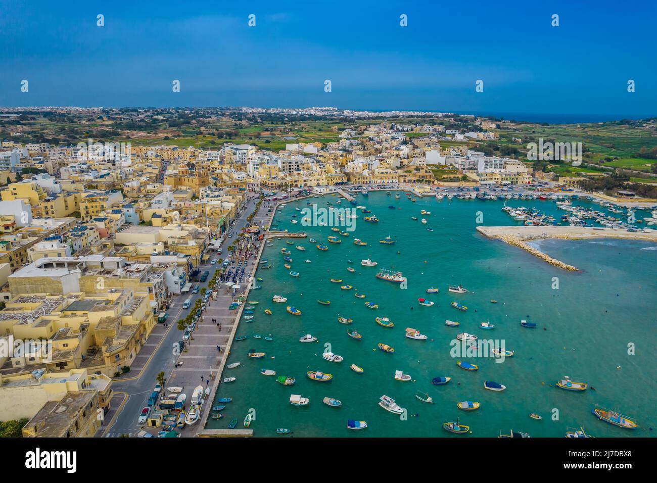 Aerial panoramic view of Marsaxlokk - small, traditional fishing ...