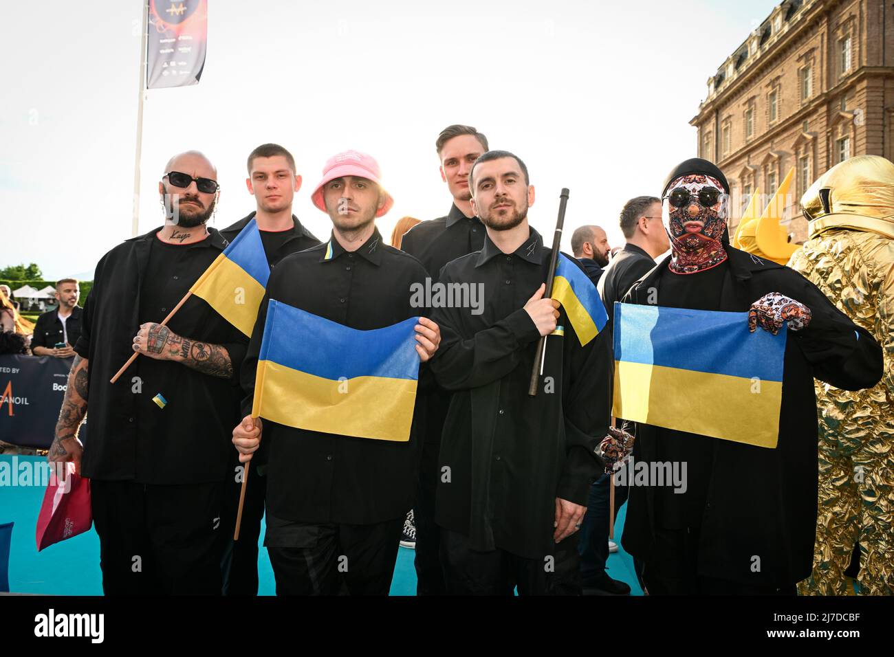 TURIN 20220508 Kalush Orchestra, Ukraine, pose on the turquoise carpet ...