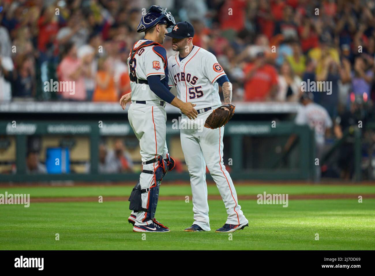 May 7 2022: Houston pitcher Ryne Stanek (45) Jason Castro (18) after ...