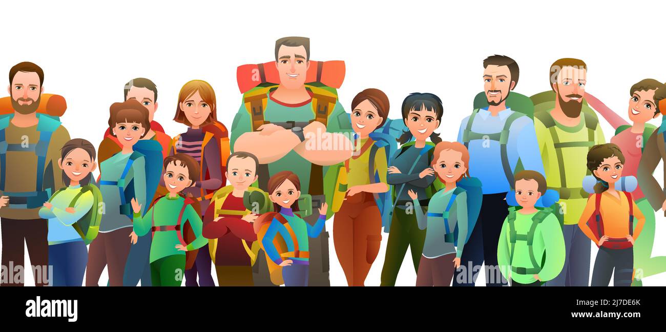 Man, women and child tourist backpacker. Backpack on his back. Cheerful ...