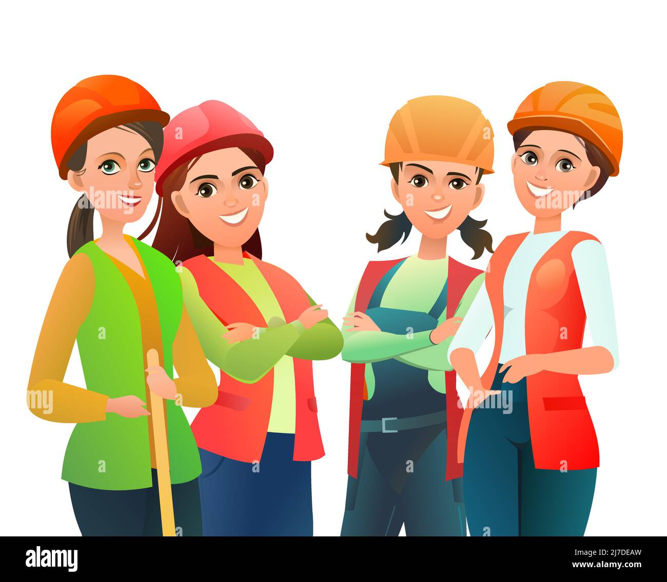 Women builder in vest and protective helmet. worker. Cheerful person ...