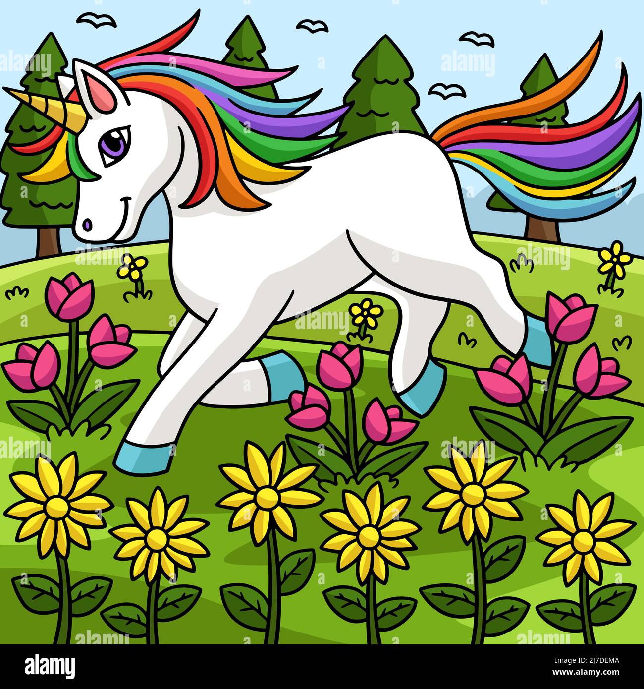 Unicorn Playing On The Flower Field Illustration Stock Vector Image ...