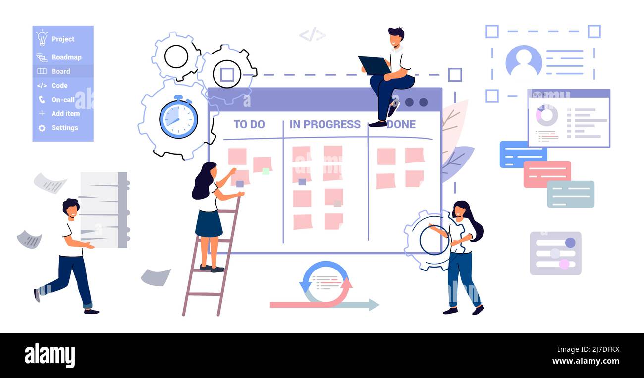 Scrum task board Agile organizer with people sticking papers on it Analyzing process of software ...