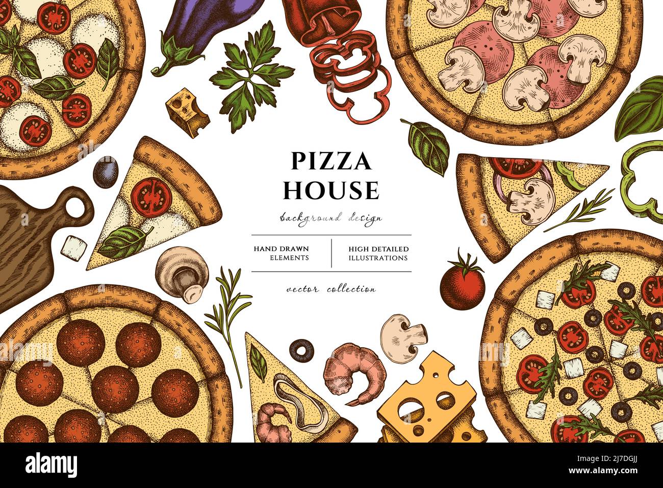 Pizza hand drawn illustration design. Background with retro greek ...