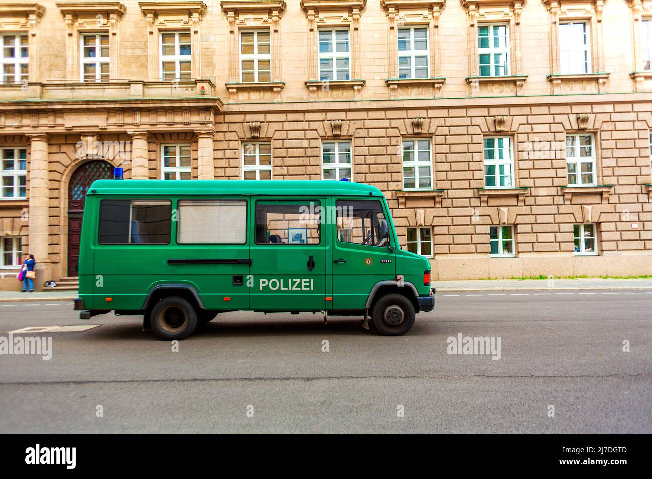 Old German police minibus with transparent glasses. Berlin, Germany ...