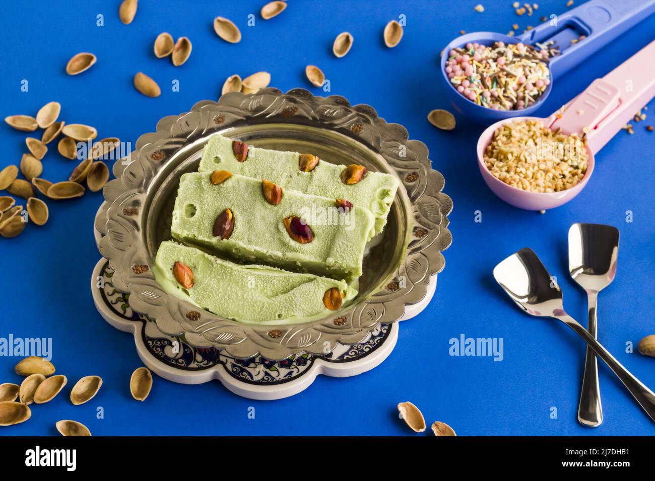 Traditional Turkish Pistachio Maras Ice Cream sliced in the vintage ...