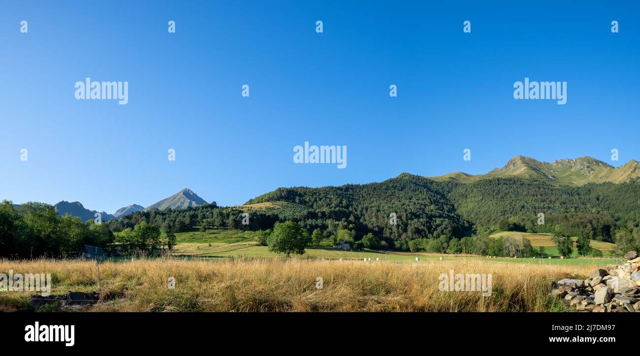 Typical Pyrenean landscape in the Aure valley on a clear blue sky ...