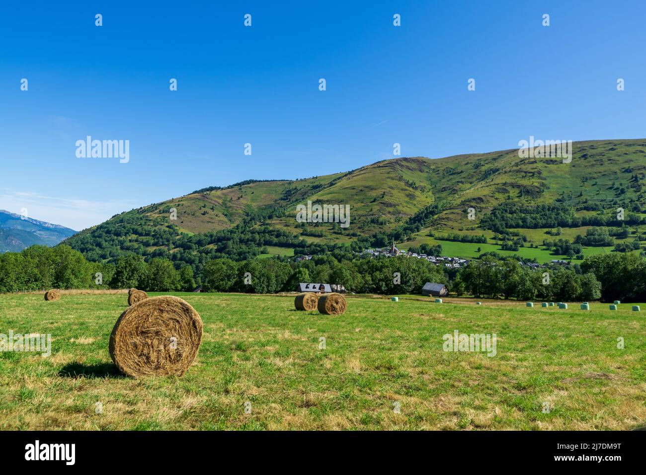 Typical Pyrenean landscape in the Aure valley on a clear blue sky ...