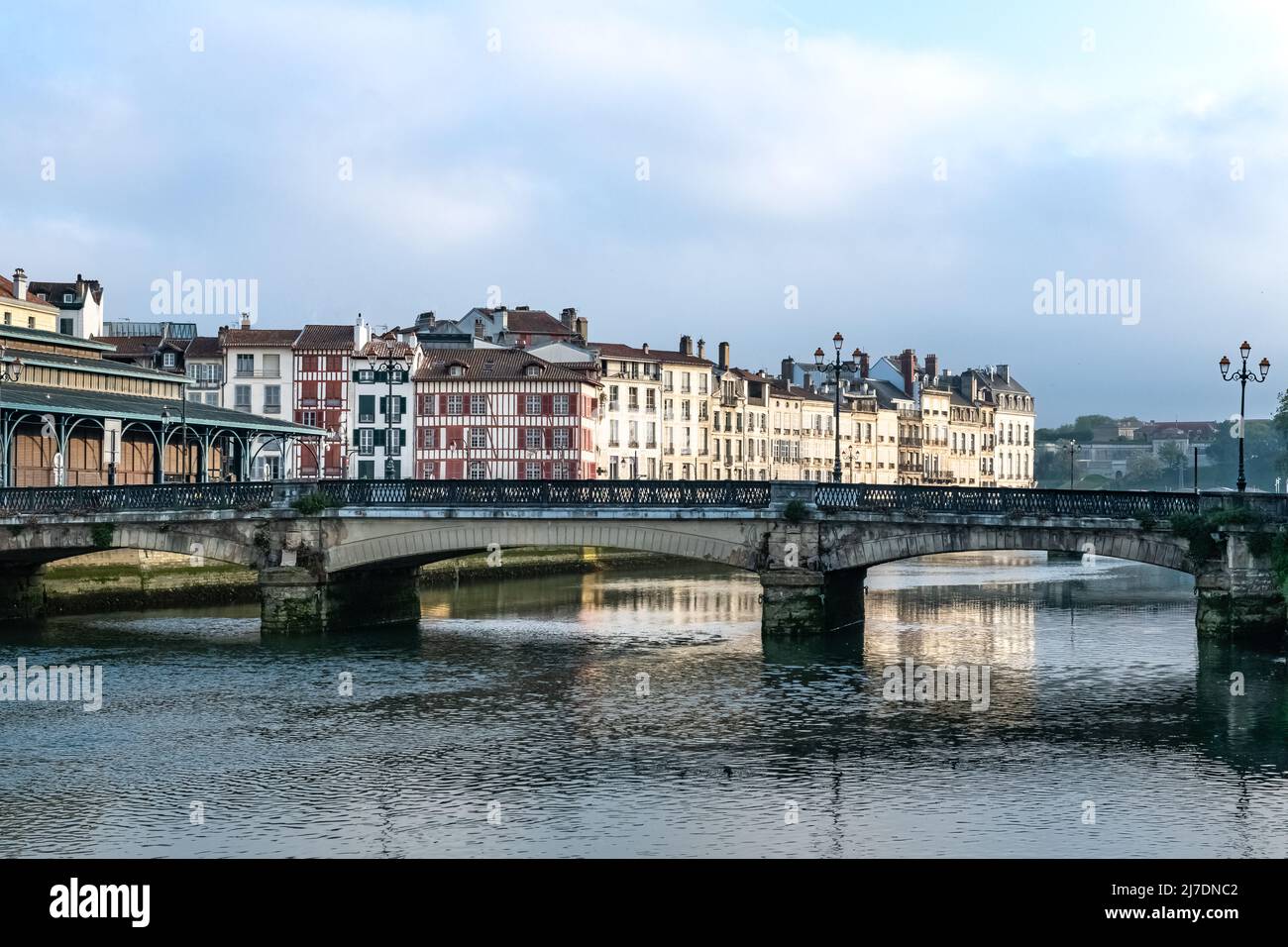 Bayonne in the pays Basque, typical facades and bridge on the river ...