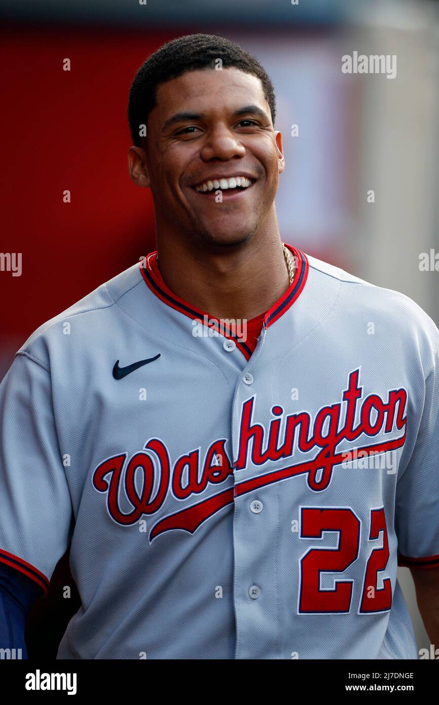 Washington Nationals center fielder Juan Soto (22) smiles in the dugout ...