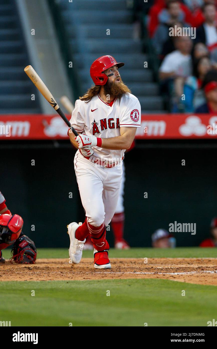 Los Angeles Angels left fielder Brandon Marsh (16) watches his ball in ...