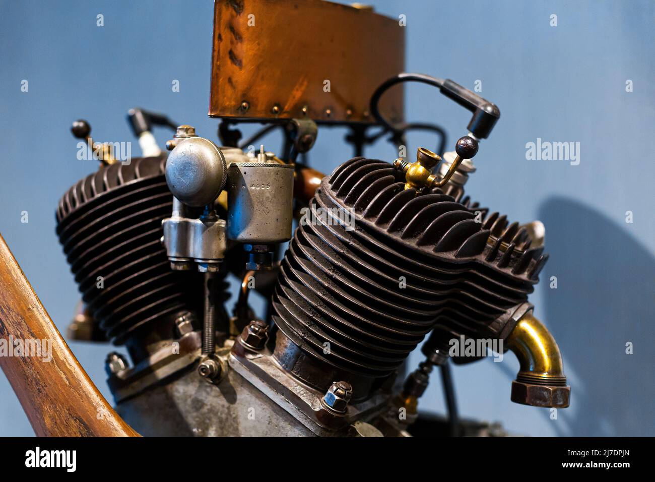 Close-up of a detail of a rare car engine. Metal mechanisms. Automotive ...