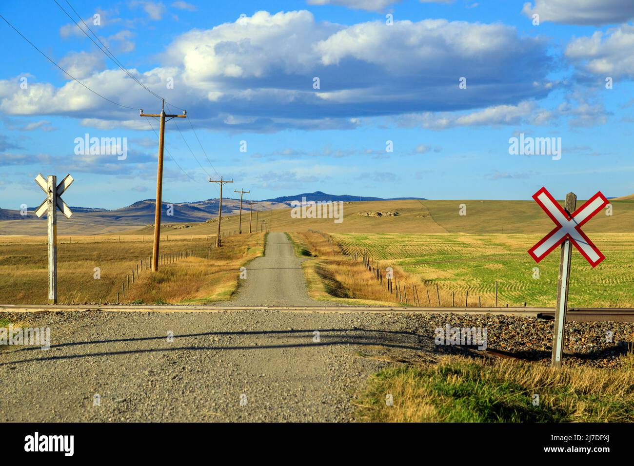 A Canadian prairie landscape with a dirt gravel country road near ...
