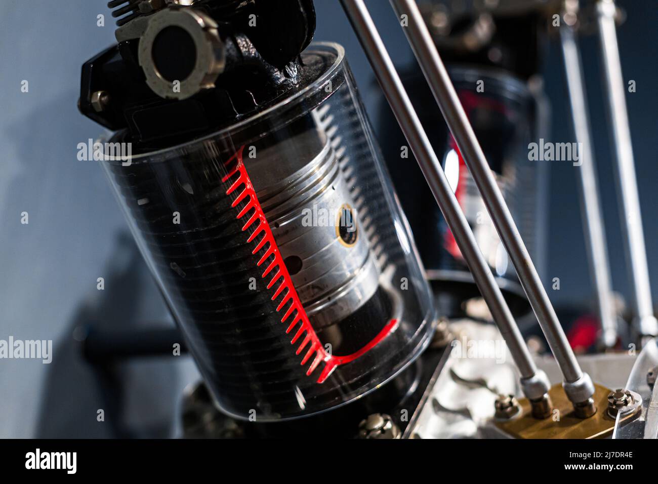 Close-up of a detail of a rare car engine. Metal mechanisms. Automotive ...