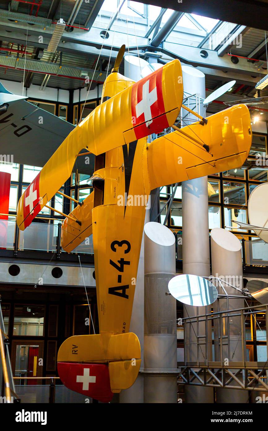 An airplane suspended from the ceiling in the Aircraft Museum. Berlin ...