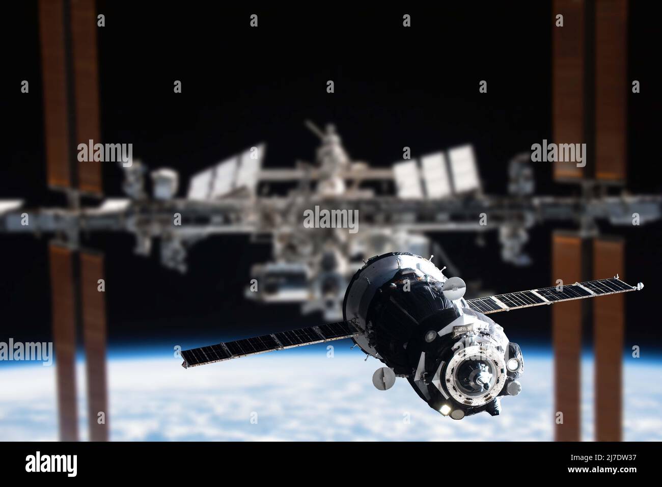 International Space Station in orbit. Docking of the Russian Soyuz ...