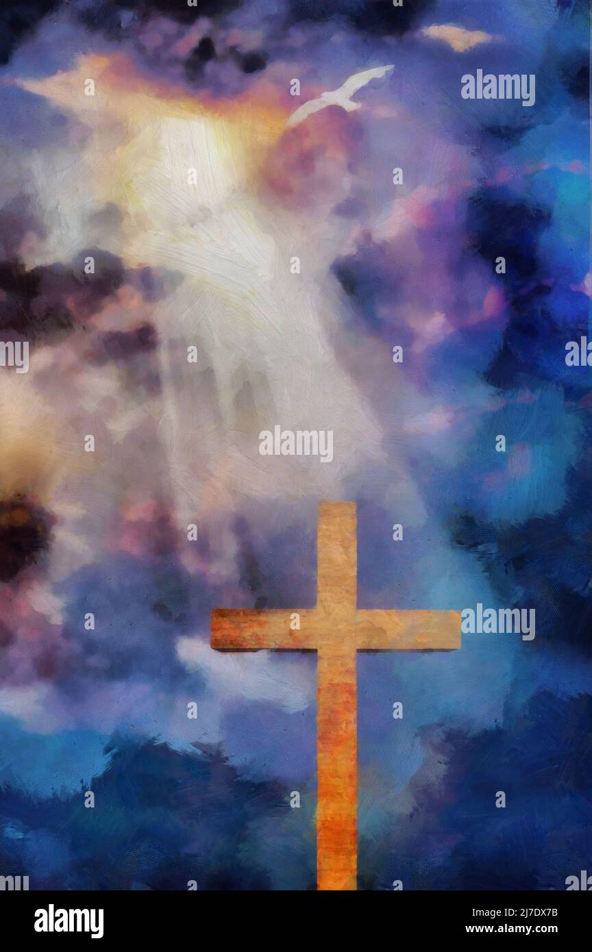 Surrealism. Cross in dramatic clouds. 3D rendering Stock Photo - Alamy
