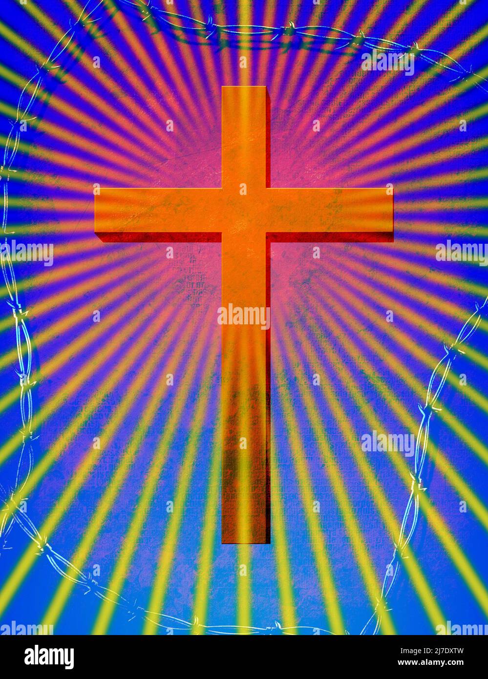 Christian cross in rays of light. Barbed wire frame. 3D rendering Stock ...