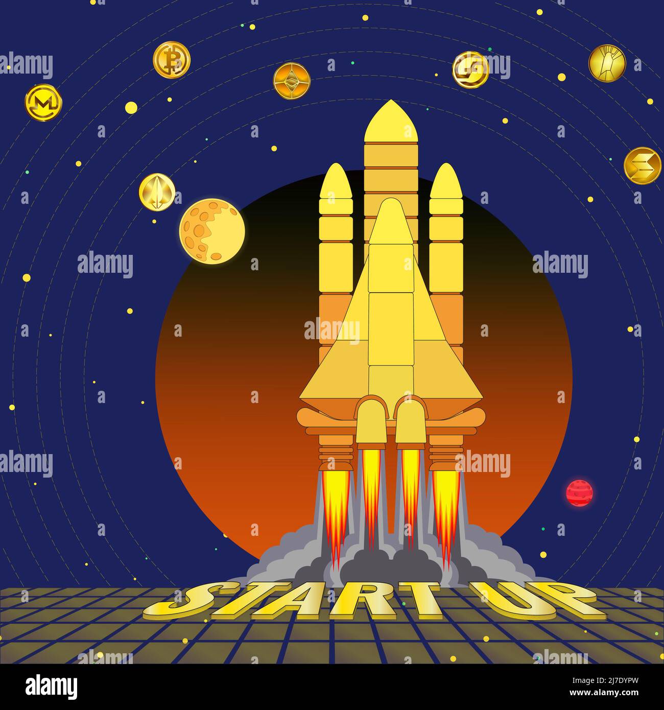 The rocket takes off from the spaceport with the inscription Start up ...