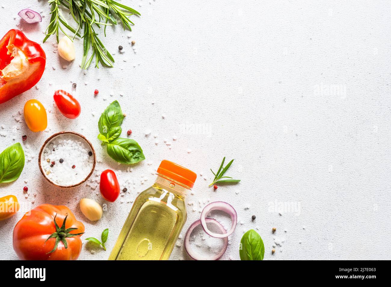 Food cooking background on white stone table Stock Photo - Alamy