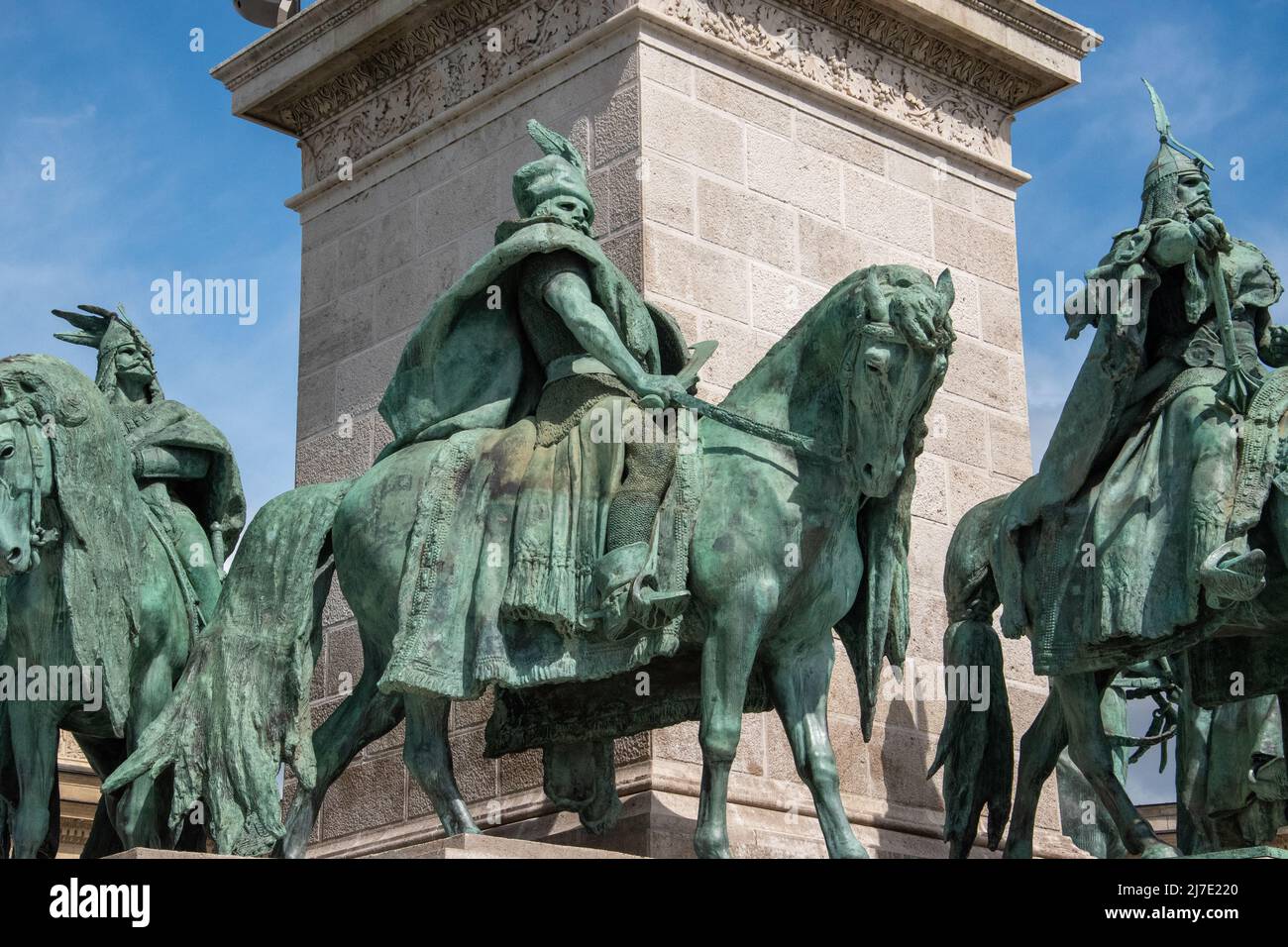 Statues of prominent Hungarian Magyars or Chieftains on the base of the ...